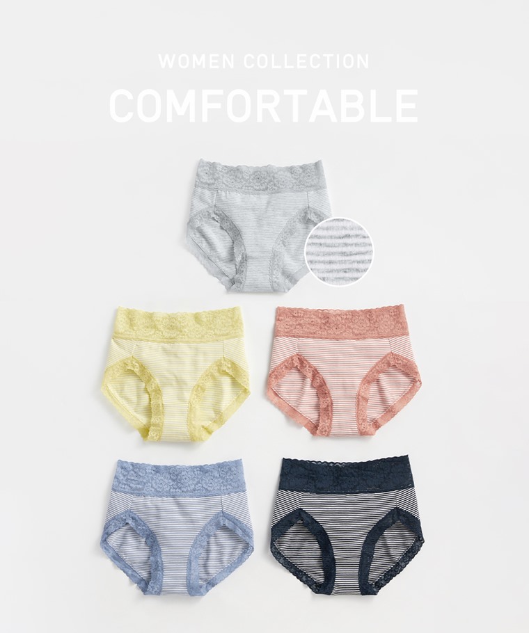 棉質蕾絲條紋高腰內褲-女 - lativ 米格國際