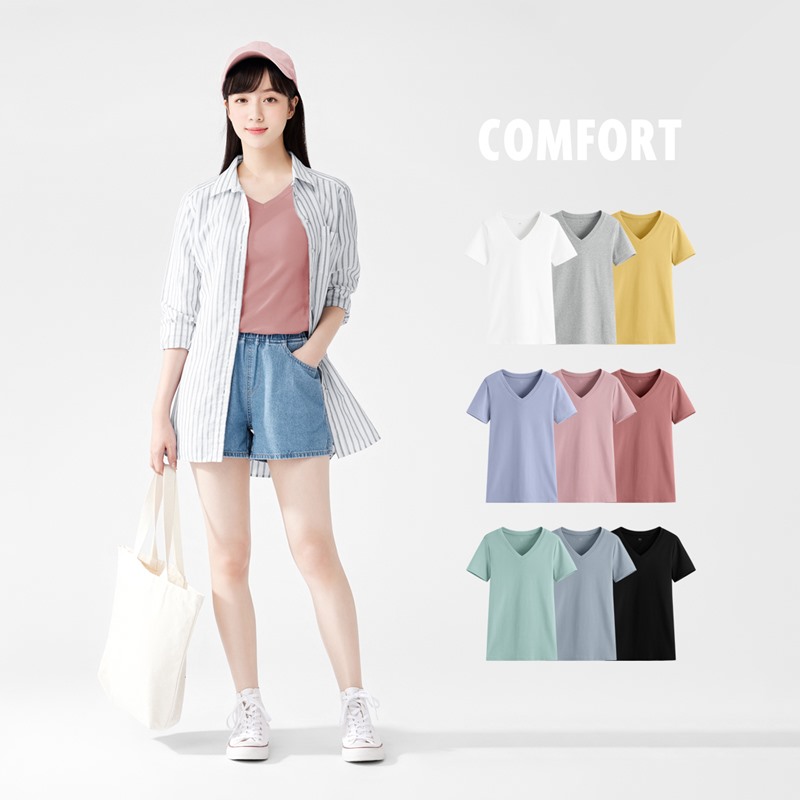 棉質羅紋V領T恤-女 - lativ 米格國際