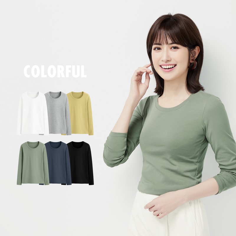 棉質羅紋圓領長袖T恤-女 - lativ 米格國際