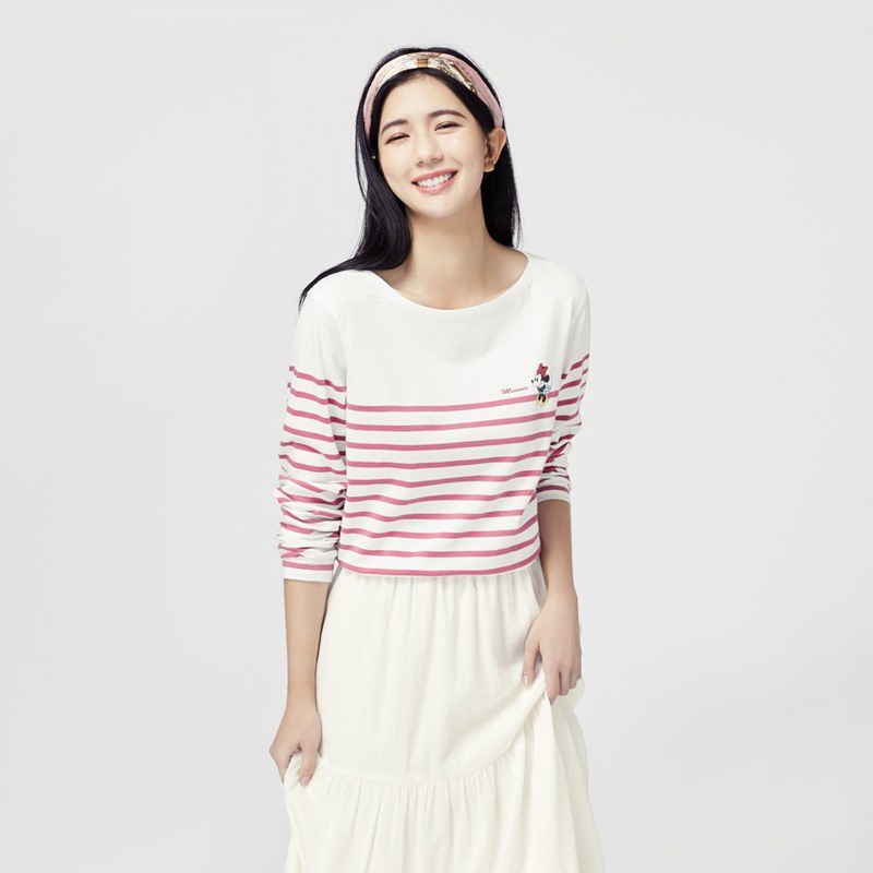 迪士尼系列寬版船領長袖條紋印花T恤-05-女 - lativ 米格國際