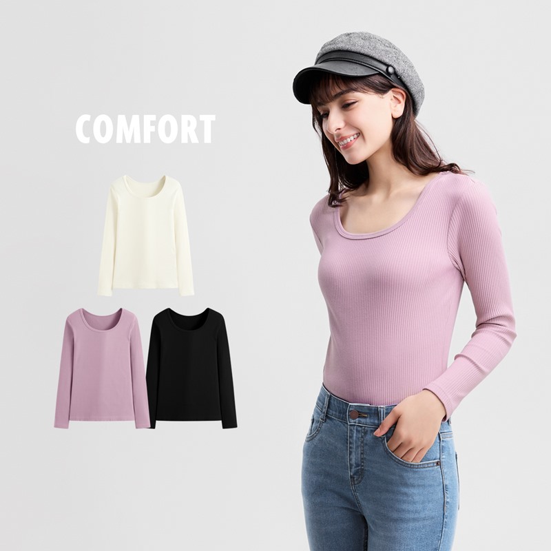 羅紋U領長袖T恤-女 - lativ 米格國際