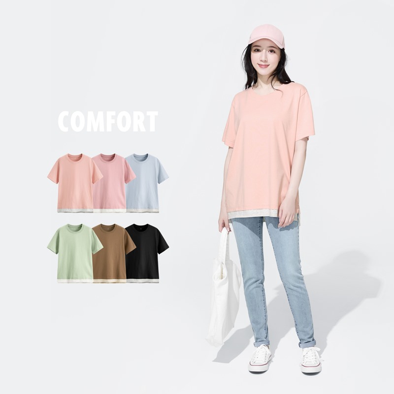 純棉寬版假兩件T恤-女 - lativ 米格國際