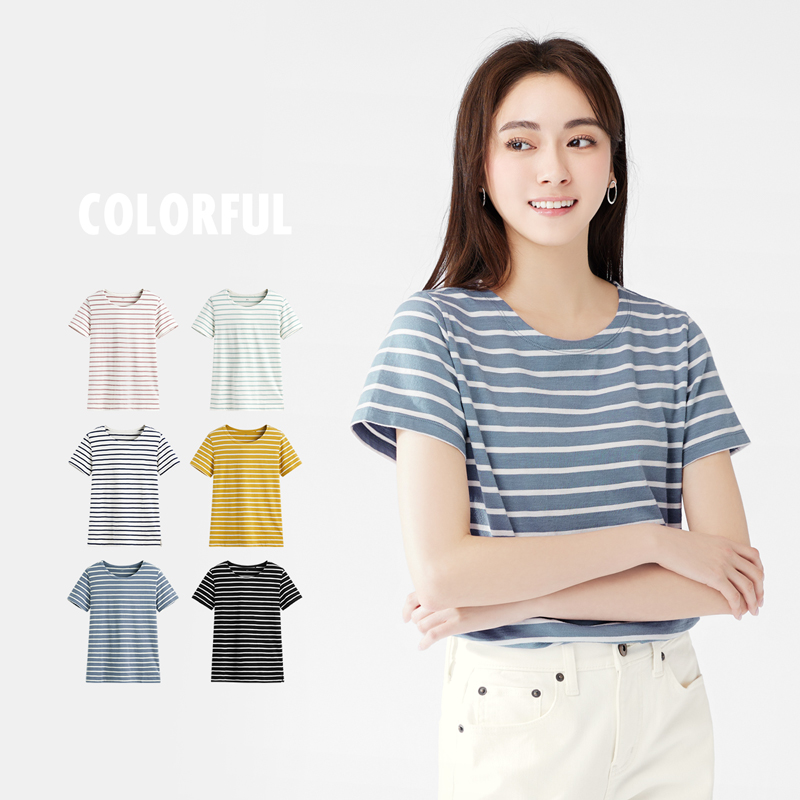 竹節棉條紋短袖T恤-女 - lativ 米格國際