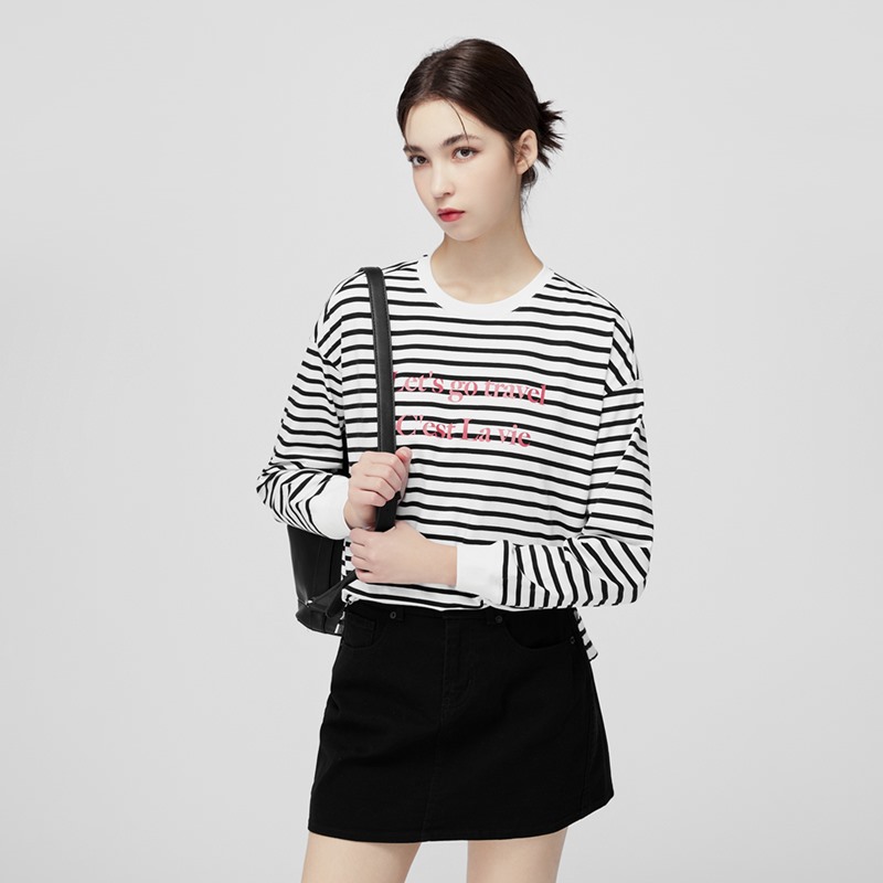 文字寬長版長袖條紋印花T恤-07-女 - lativ 米格國際