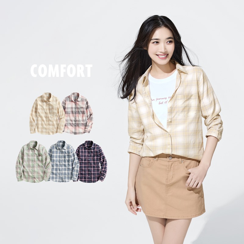 輕薄格紋長袖襯衫-女 - lativ 米格國際