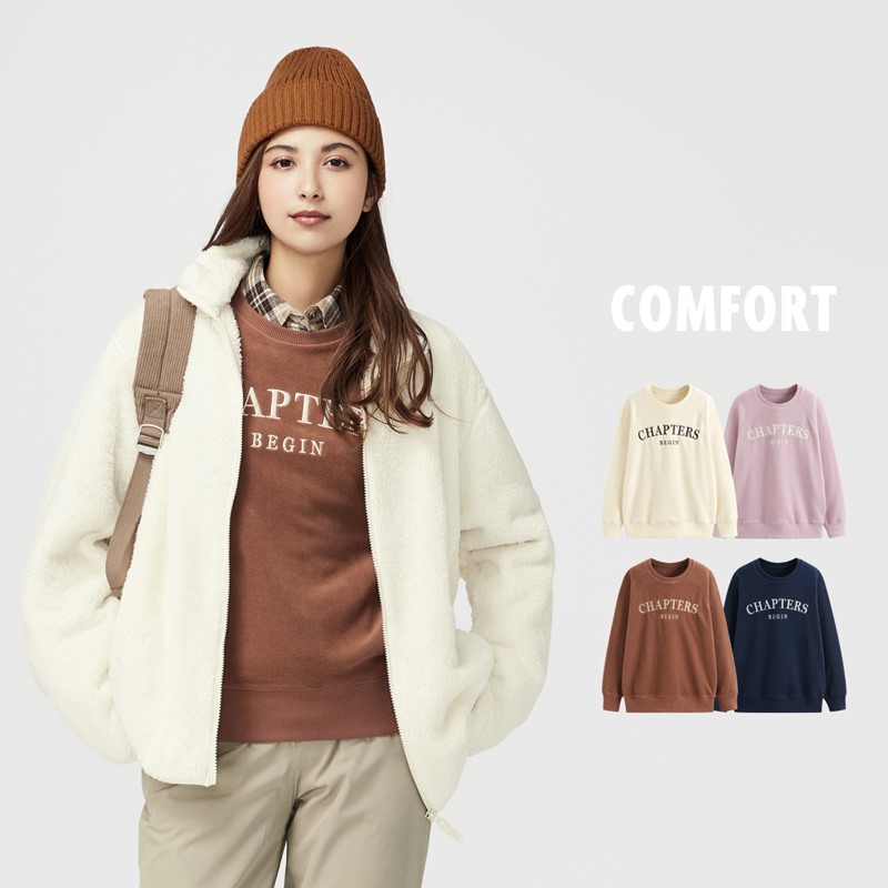 Fleece寬版文字電繡上衣-女 - lativ 米格國際