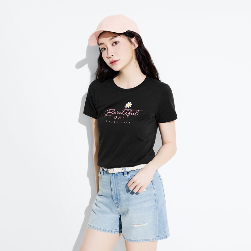 文字花朵印花T恤-01-女 - lativ 米格國際